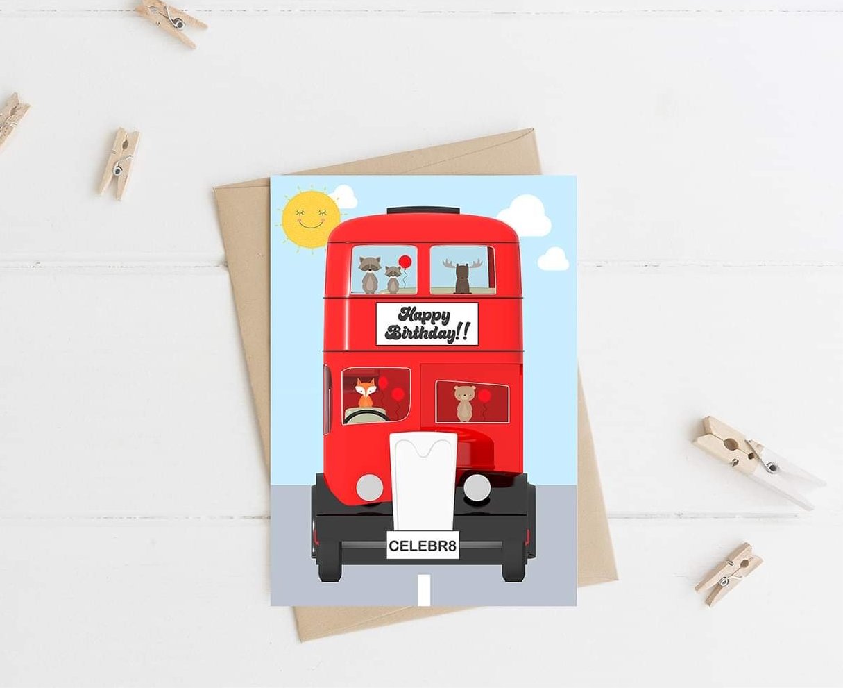 Red London Bus Birthday Card – Rosa Loves Rainbows